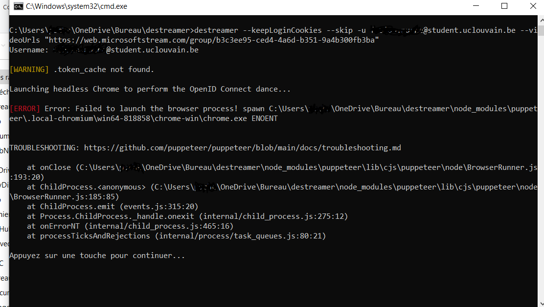 Error : Failed to launch the browser · Issue #349 · snobu/destreamer · GitHub