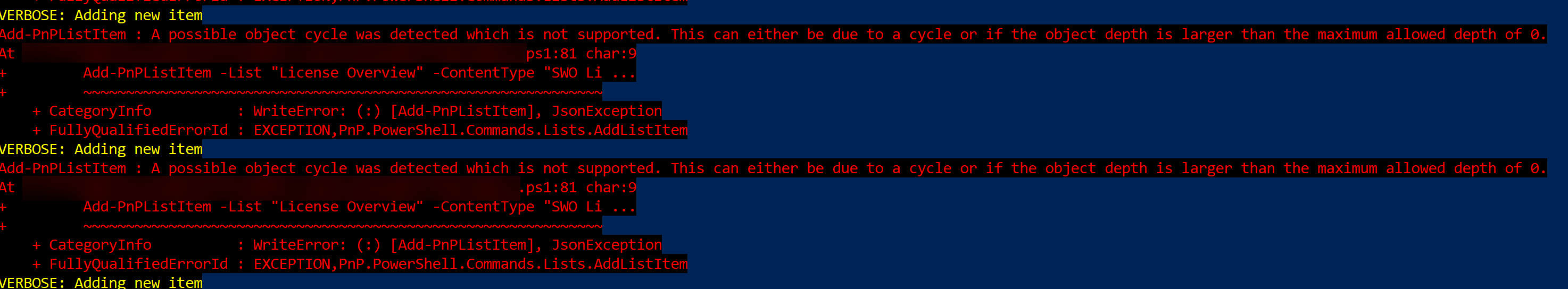 [BUG] Add-PnPListItem fails with "A possible object cycle was detected..." when setting fields ...