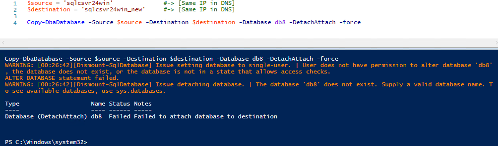 [Bug] "DetachAttach Force" with same Instance · Issue #6375 · dataplat/dbatools · GitHub