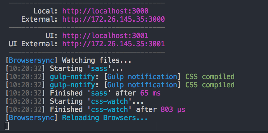 Browsersync "Reloading Browsers" message shows in terminal, but doesn't reload the actual ...
