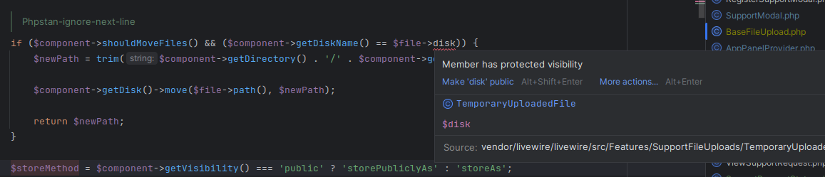 FileUpload component `->moveFiles()` breaks upload due to protected property on ...