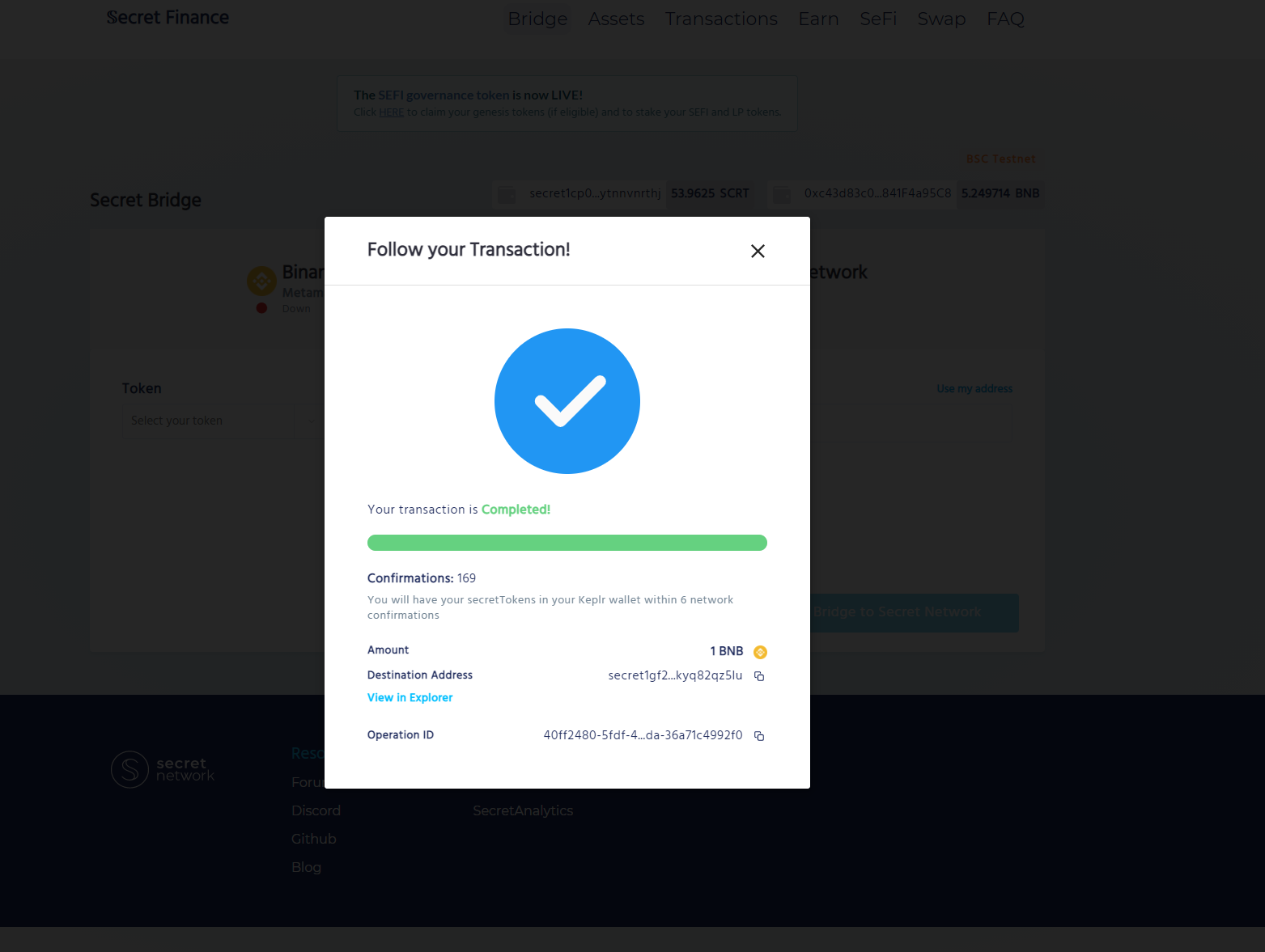 BSC Bridge: Reloading the page after bridging tokens keeps displaying "Follow Transaction ...