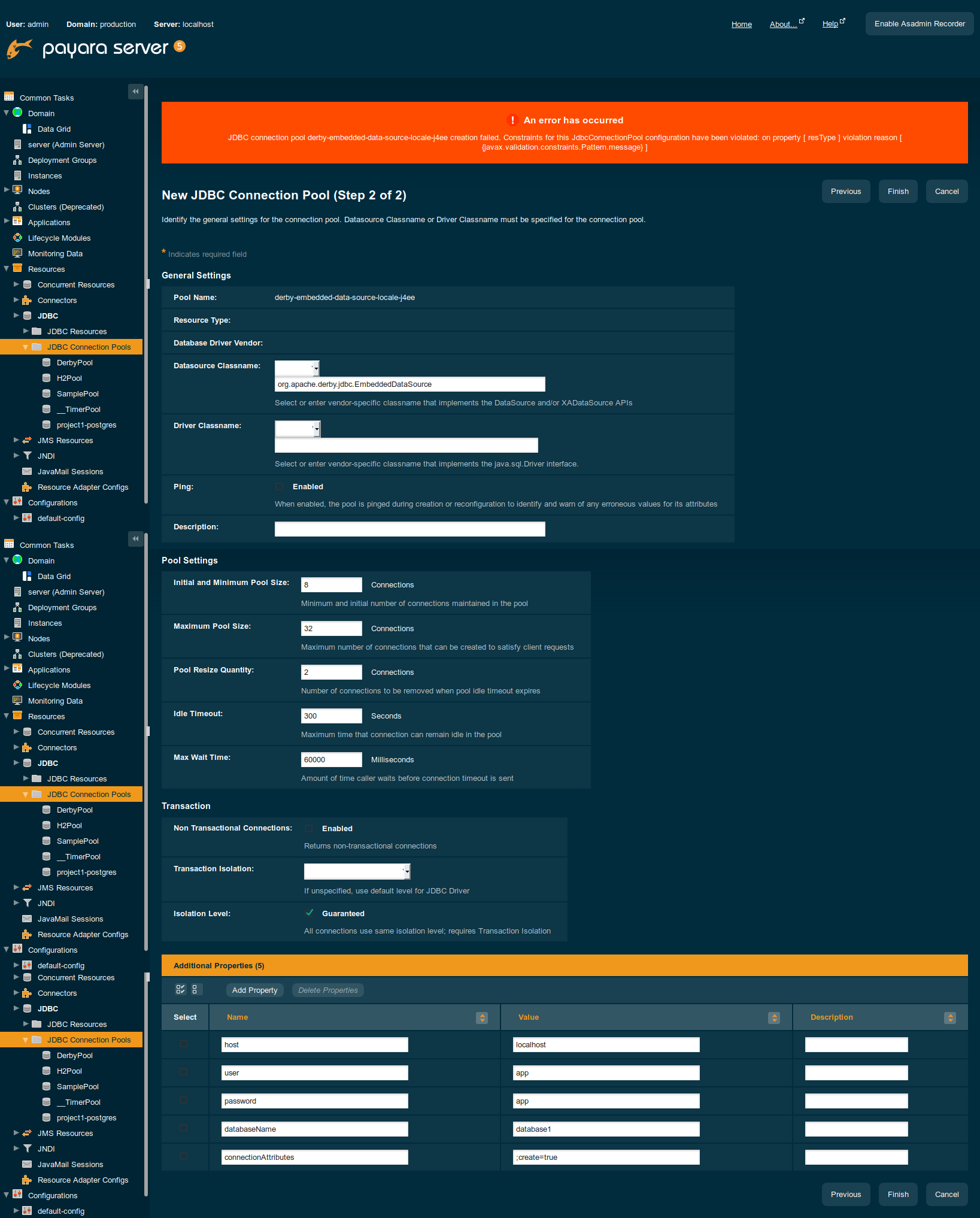 The resource type of a JDBC connection pool can't be changed in the ...