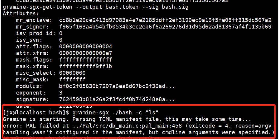 error: PAL failed at ../Pal/src/db_main.c:pal_main:458 (exitcode = 4, reason=argv handling wasn ...