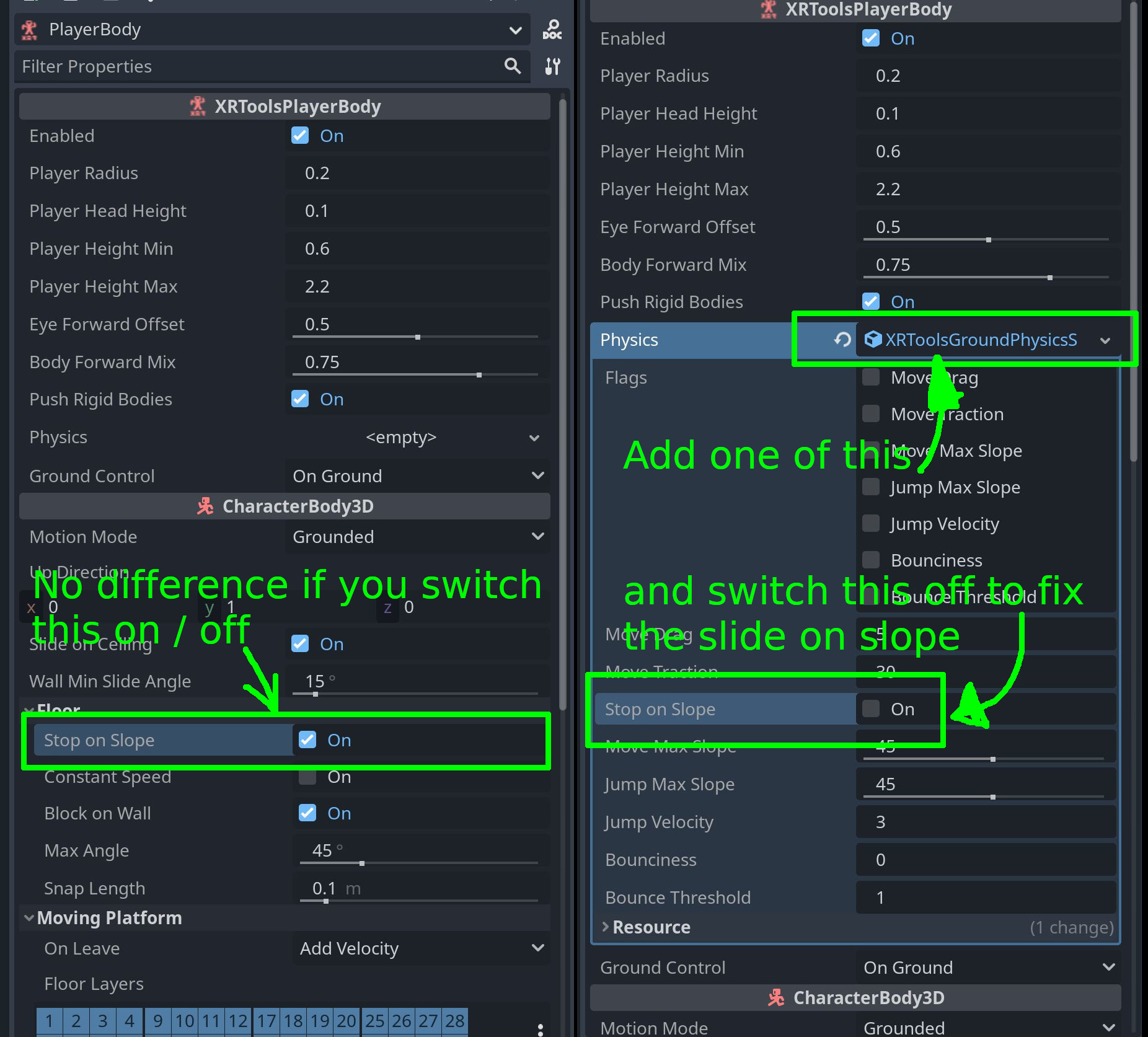 playerbody's stop_on_slope seems not to work properly · Issue #477 · GodotVR/godot-xr-tools · GitHub