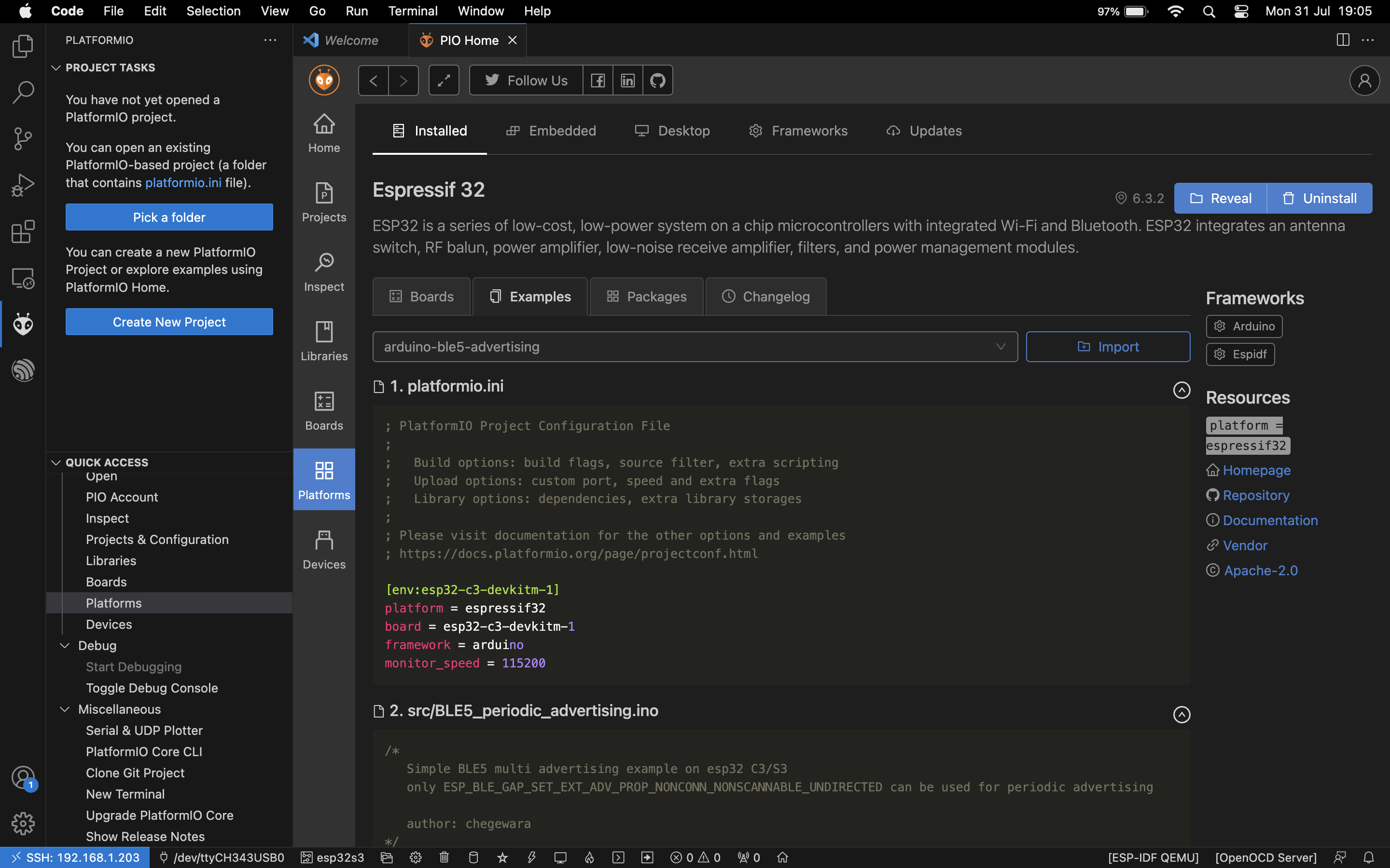 PlatformIO on Visual Studio Code Server: different behaviour on Windows 10 and MacOS Ventura ...