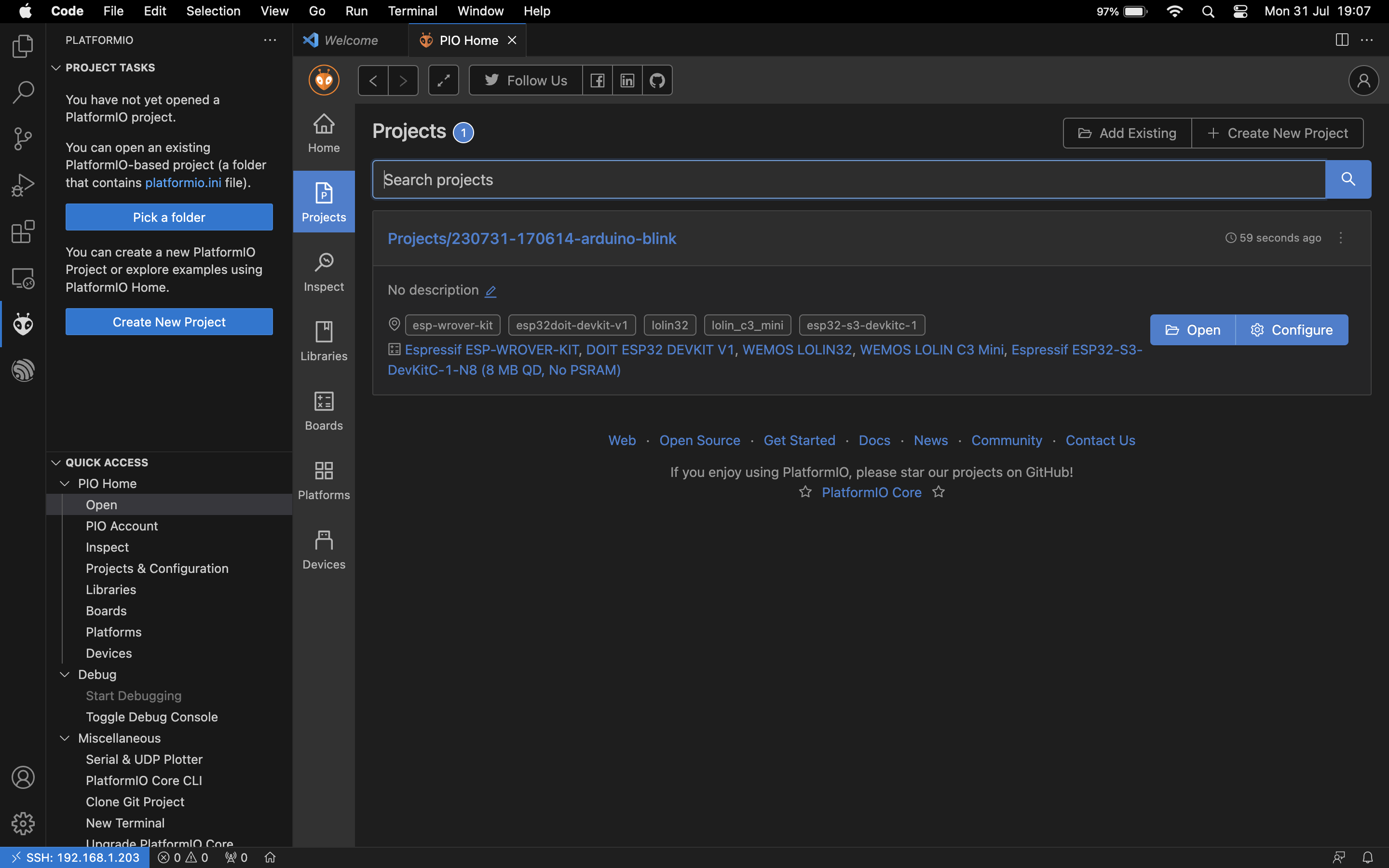 PlatformIO on Visual Studio Code Server: different behaviour on Windows 10 and MacOS Ventura ...