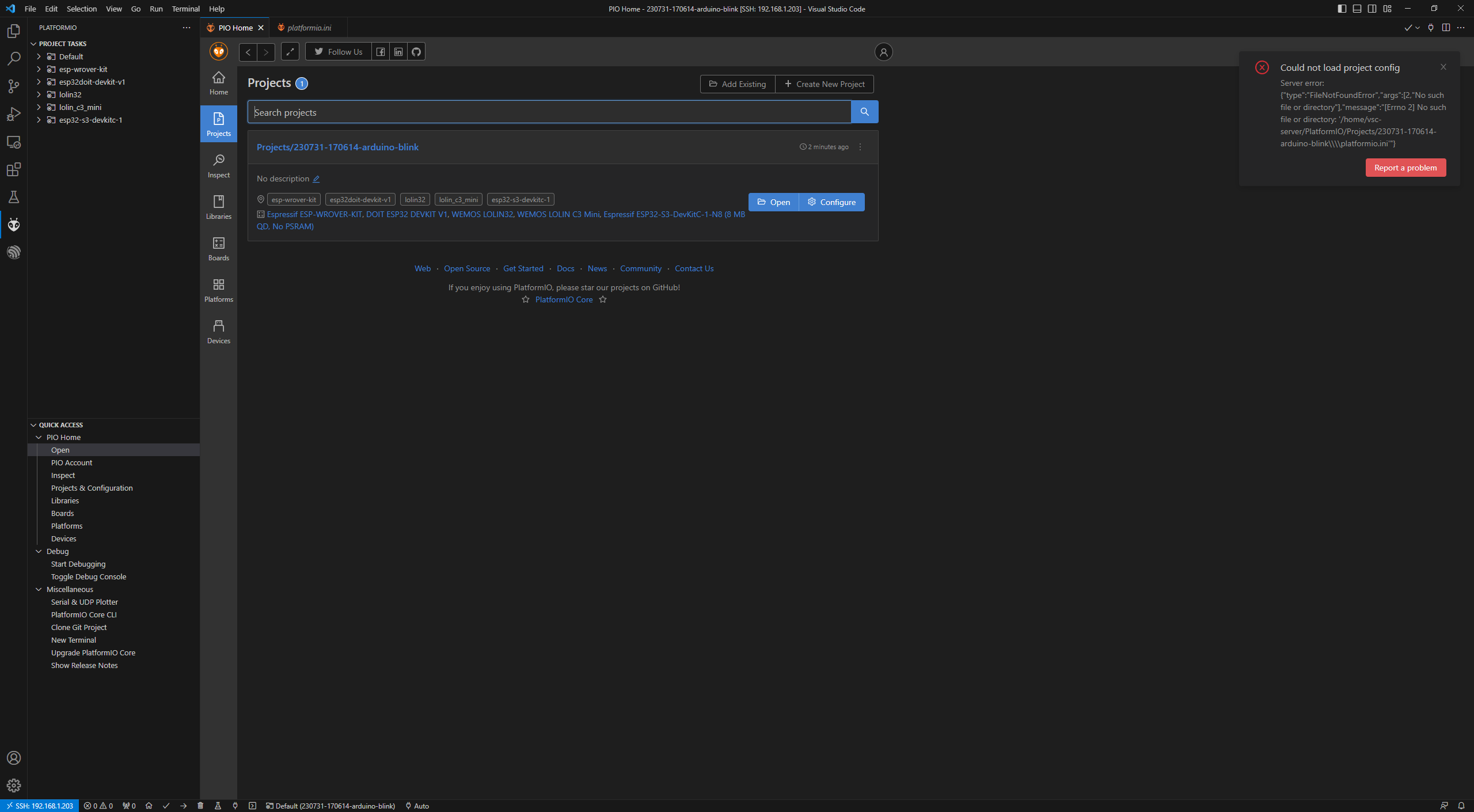 PlatformIO on Visual Studio Code Server: different behaviour on Windows 10 and MacOS Ventura ...