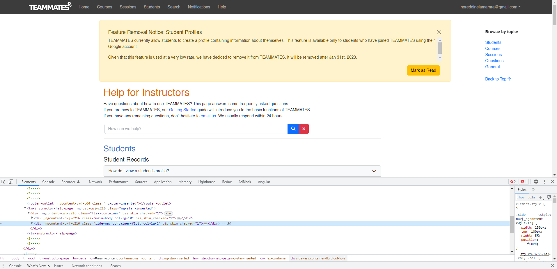Instructor Help Page Page Not Scrolling To The Right Section · Issue 12222 · Teammates