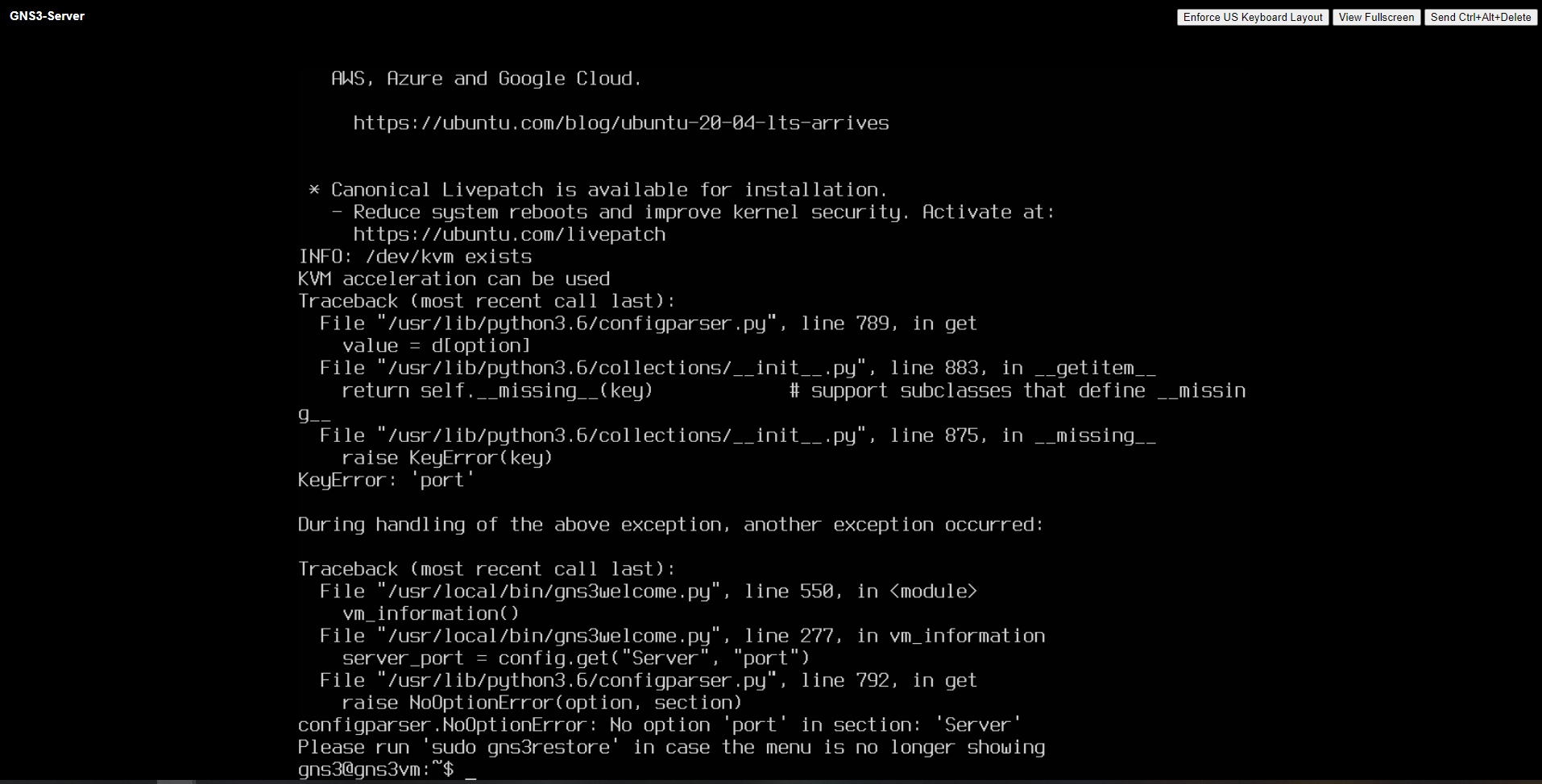 Upgraded Server to 2.2.8 and the GNS3 Server Console no longer loads ...
