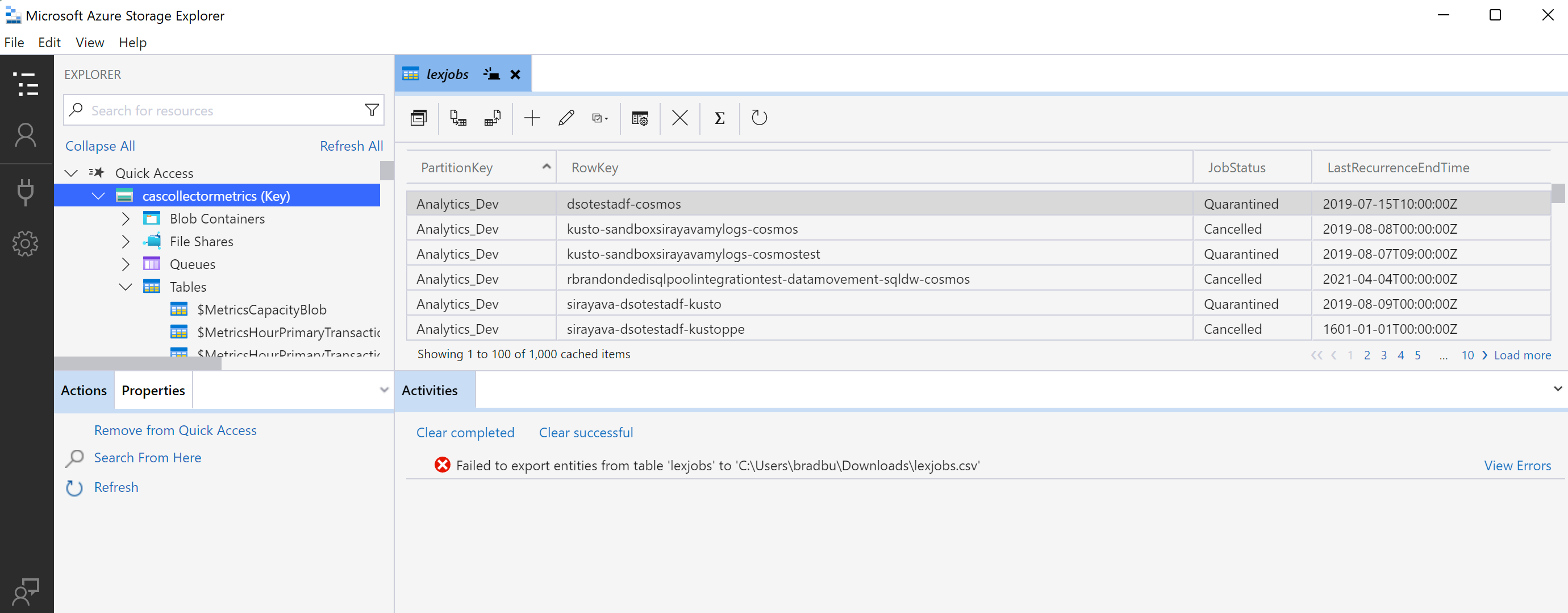 Error exporting or paging an Azure Table - InvalidInput - One of the request inputs is not valid ...