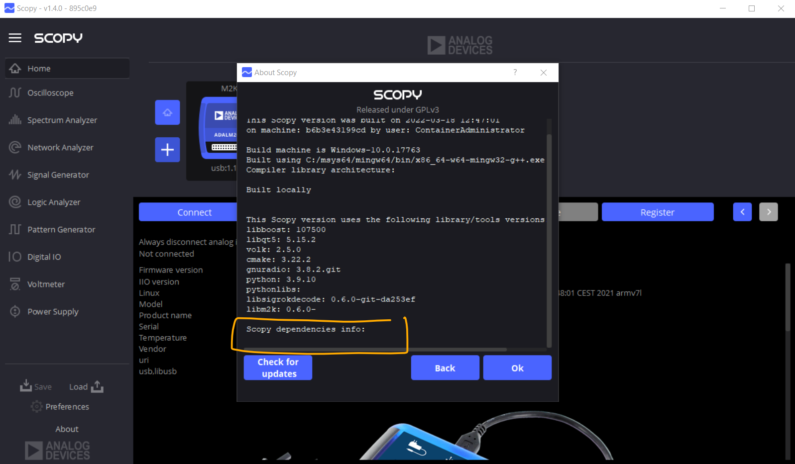 General: Empty "Scopy dependencies info" · Issue #1234 · analogdevicesinc/scopy · GitHub