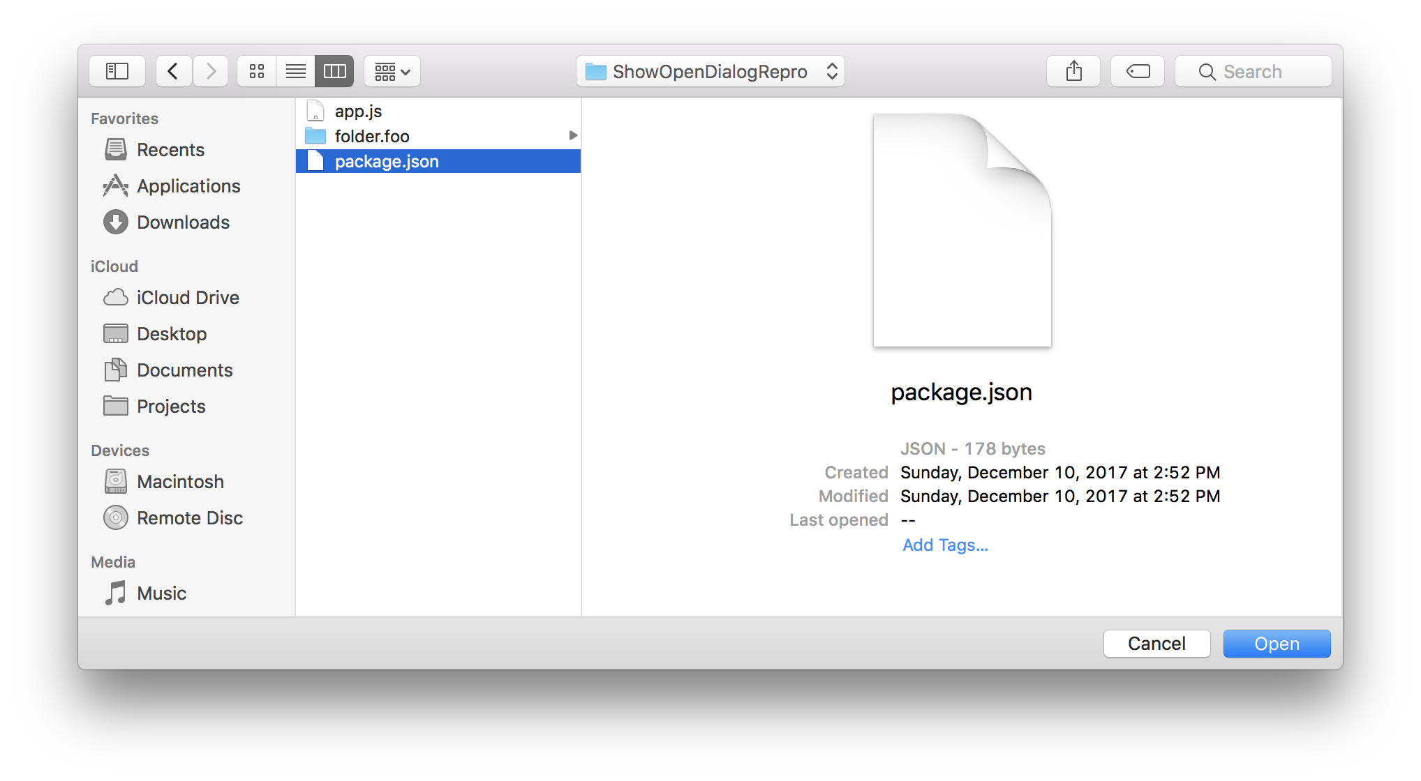 showOpenDialog using 'openFile' on macOS selects directory · Issue ...