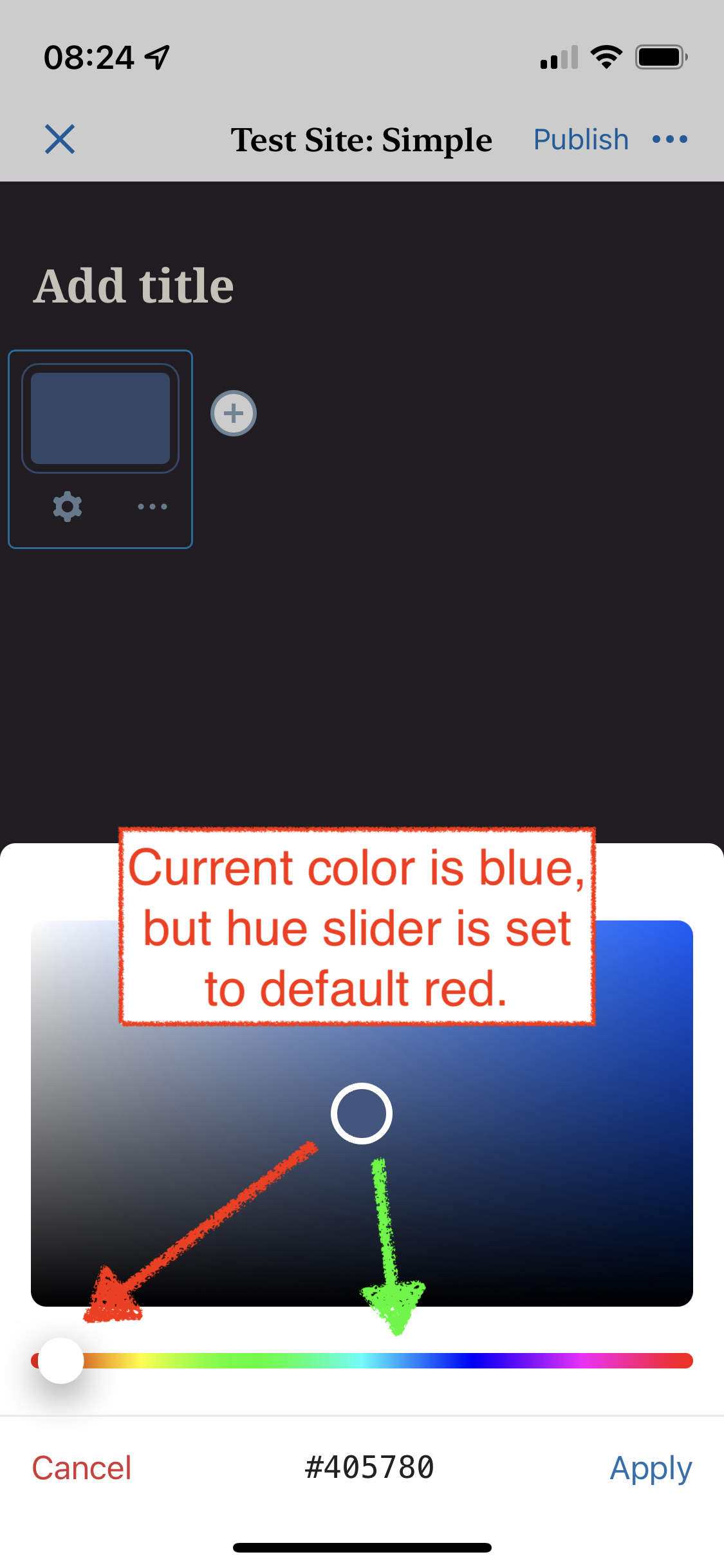 Incorrect color picker hue slider position when editing current custom ...