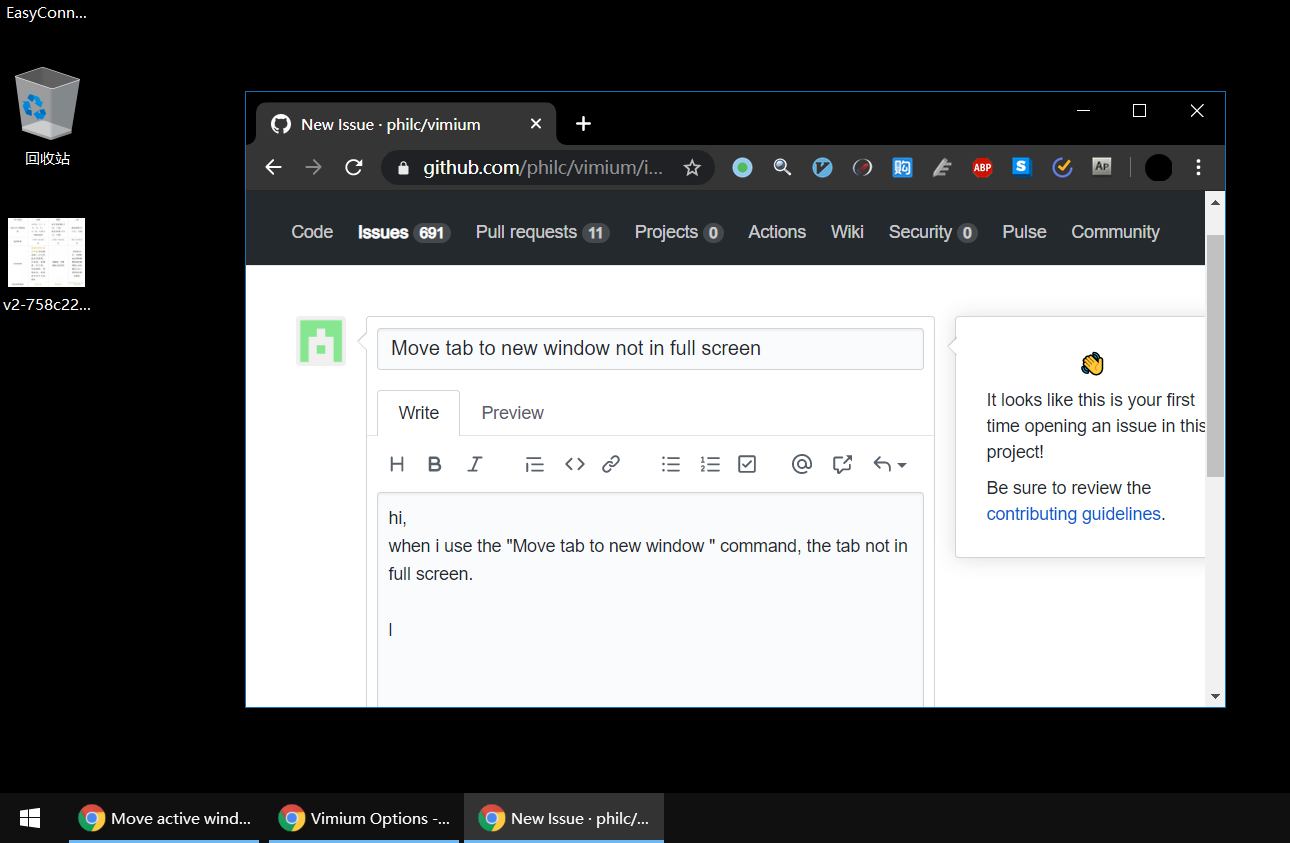 Move tab to new window not maximize · Issue #3585 · philc/vimium · GitHub