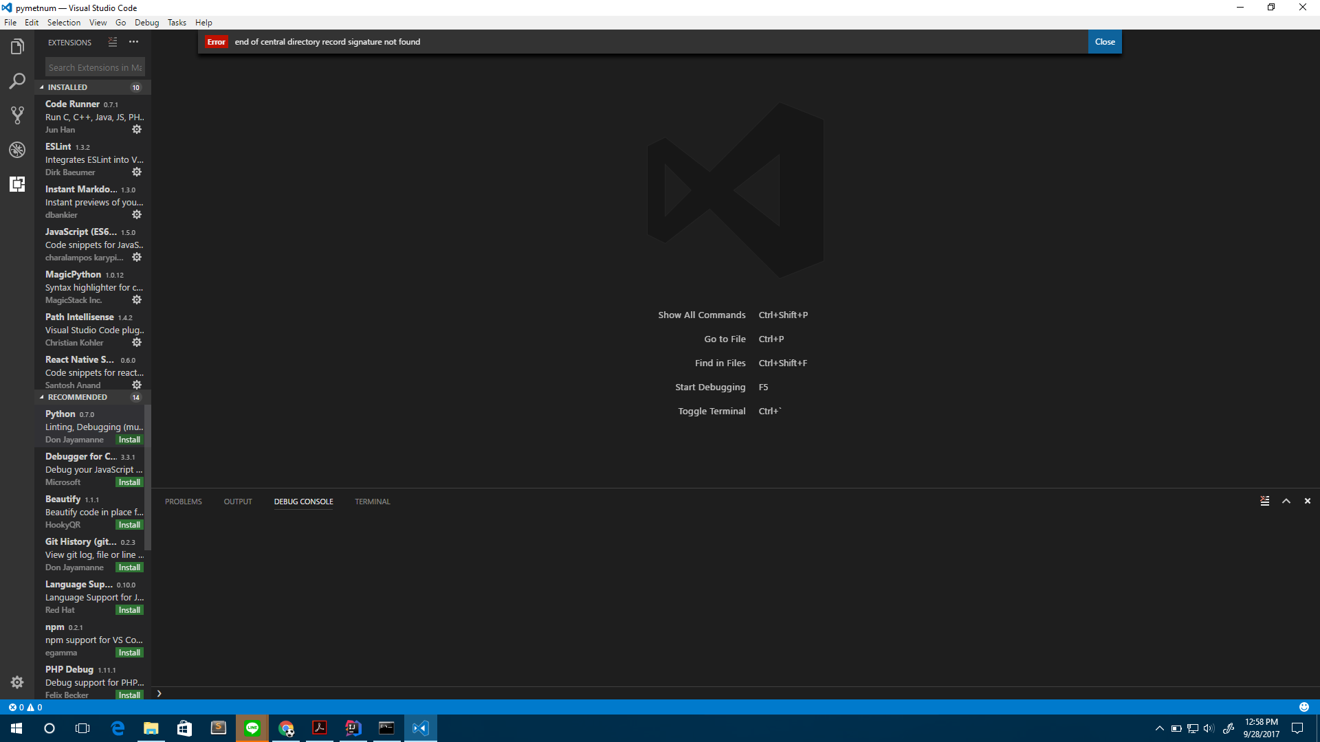 Installing Python extension: error end of central directory record signature not found · Issue ...