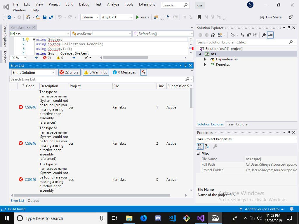 Cosmos Is Throwing Missing Reference Error And Is Unbale To Recognize Namespaces And Basic C