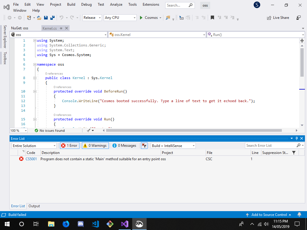 Cosmos Is Throwing Missing Reference Error And Is Unbale To Recognize Namespaces And Basic C