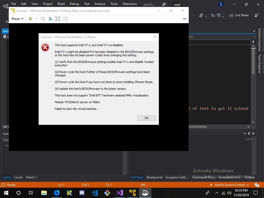 "Unable to start program" error. Problem while setting up VMWare Player for Cosmos program ...