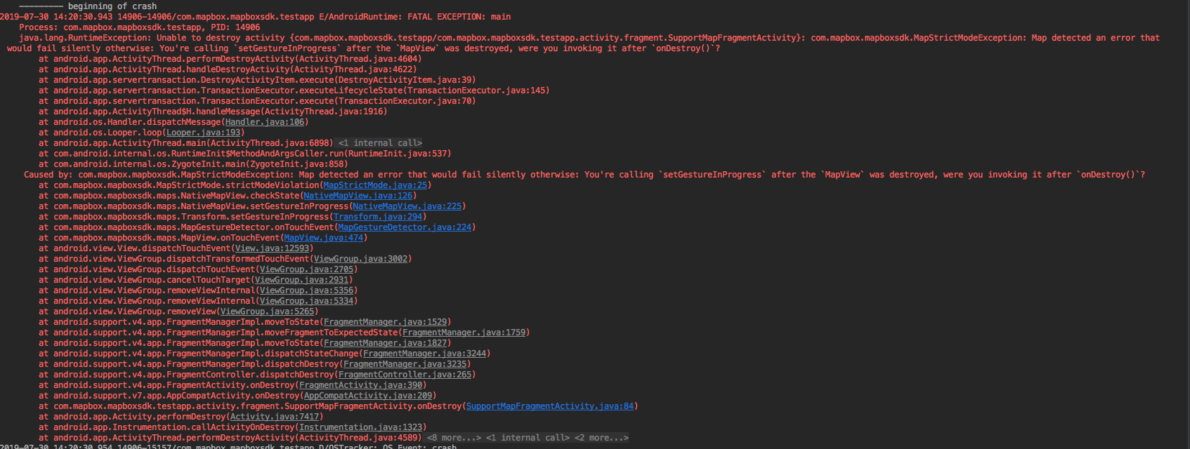 Android Test App Mapstrictmodeexception Crash · Issue 15283 · Mapboxmapbox Gl Native · Github 