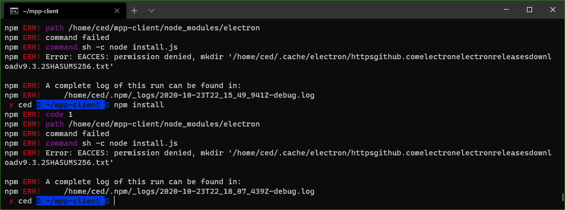 Error: EACCES: permission denied, mkdir '/home/user/.cache/electron/httpsgithub ...