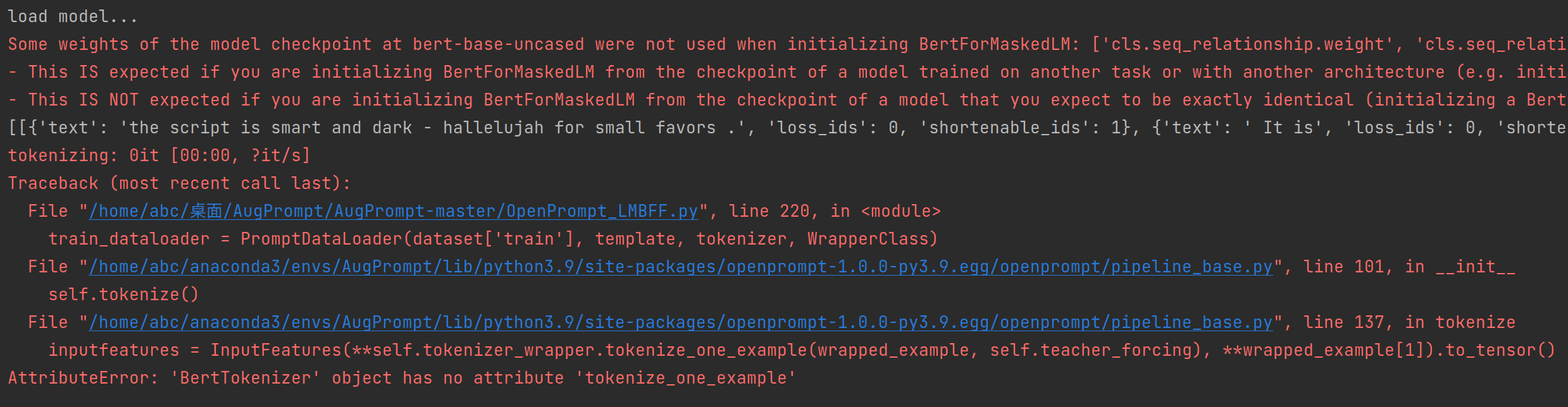 no attribute 'tokenize_one_example' · Issue #132 · thunlp/OpenPrompt · GitHub