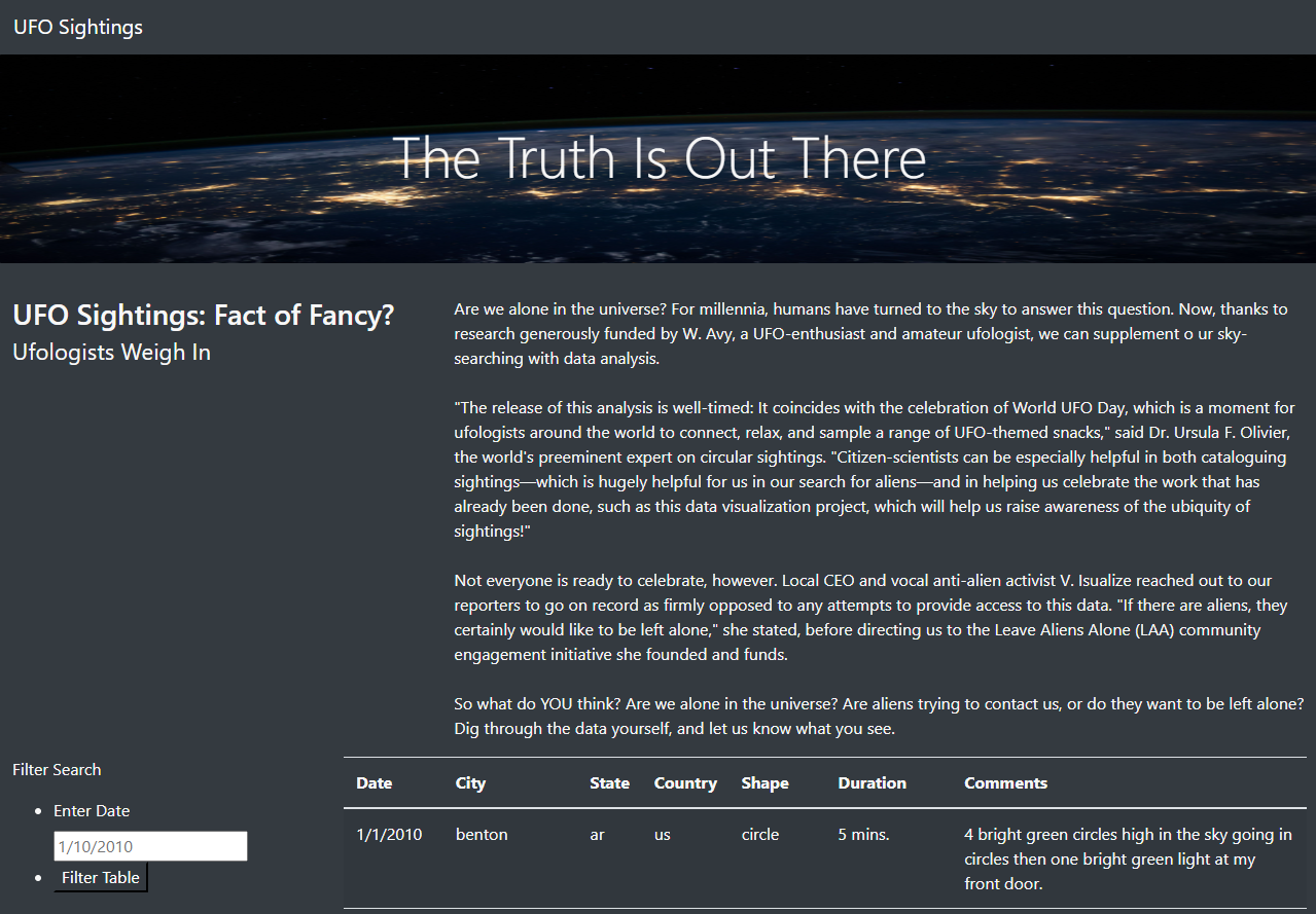 GitHub - Alelopez383/UFOs: We are creating a HTML page to display data as a table with filters ...