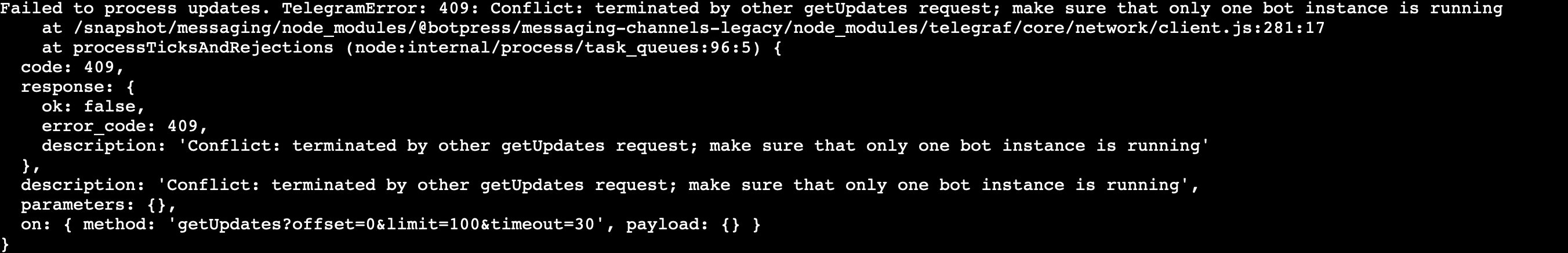 Telegram Channel Crashing Bot (getUpdates make sure only one bot ...