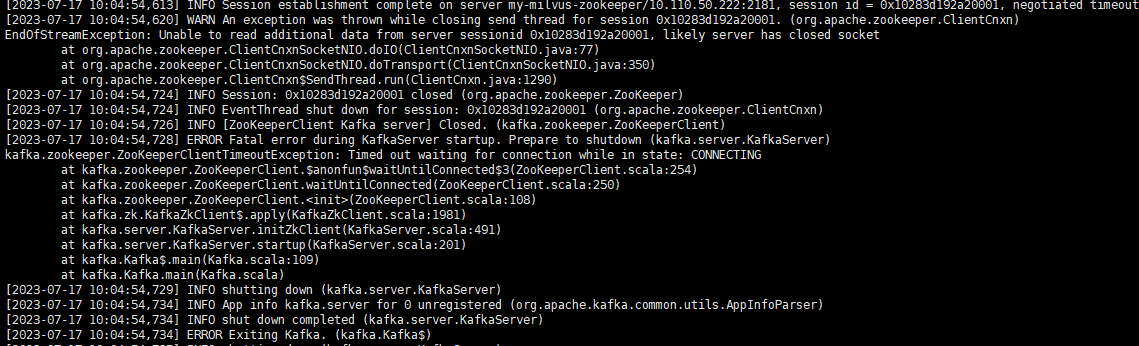 [Bug]: kafka.zookeeper.ZooKeeperClientTimeoutException: Timed out waiting for connection while ...