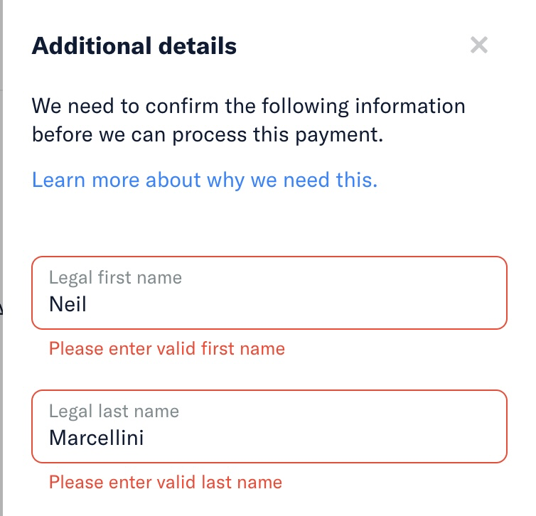 [HOLD for payment 2022-11-02] [$250] Unable to enter valid name on ...