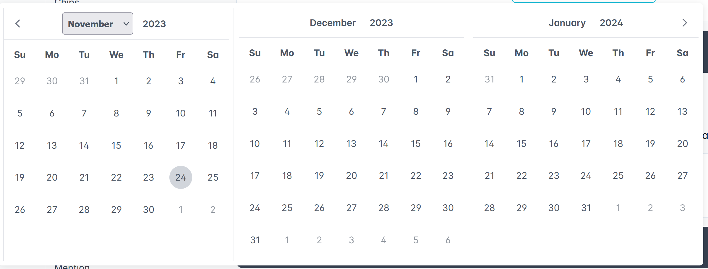 Calendar: monthNavigator={true} with numberOfMonths={>1} shows controls for the first month only ...
