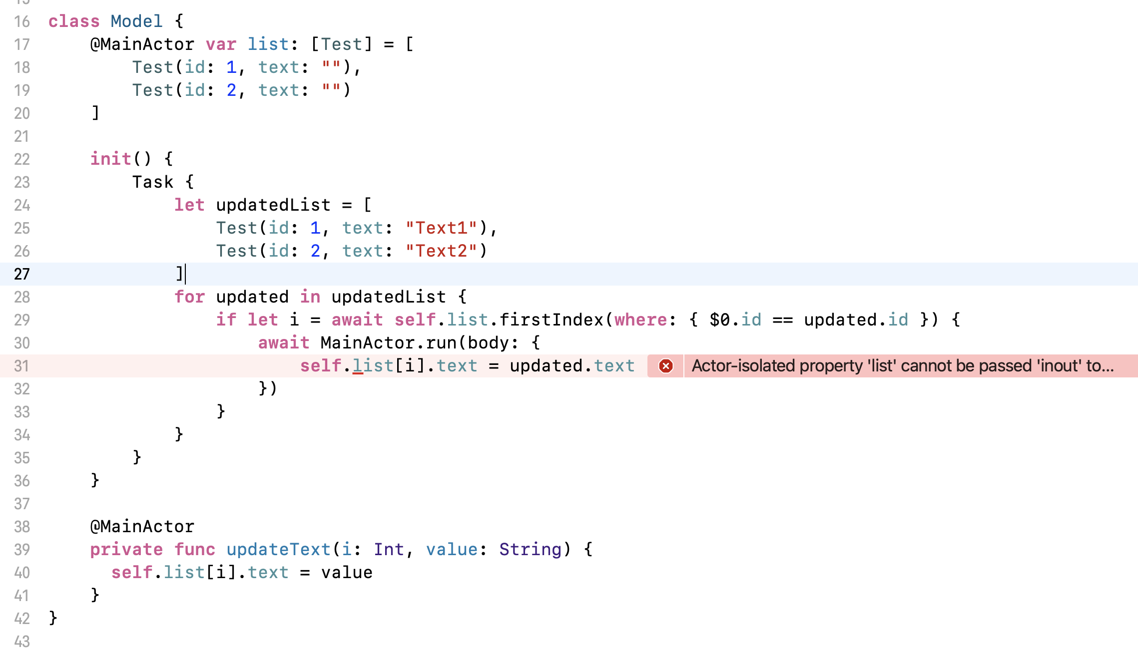Array Variable Which Is Protected By Mainactor Cannnot Be Updated Using Index Notation Inside