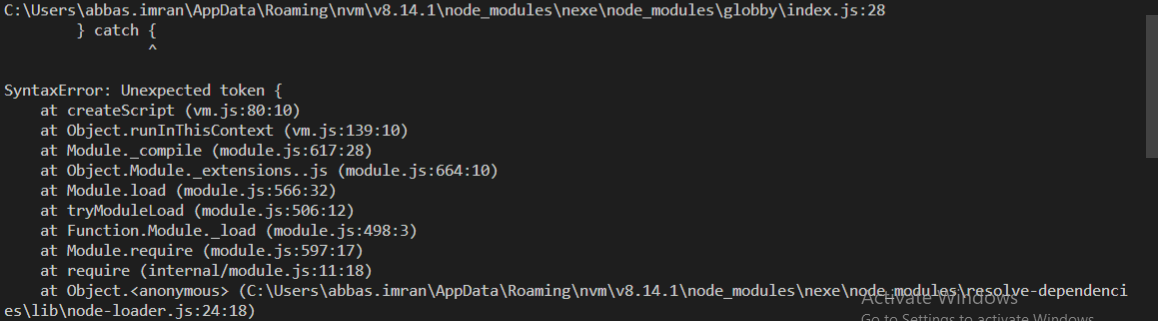 Getting Unexpected token { error while trying to nexe · Issue #868 · nexe/nexe · GitHub