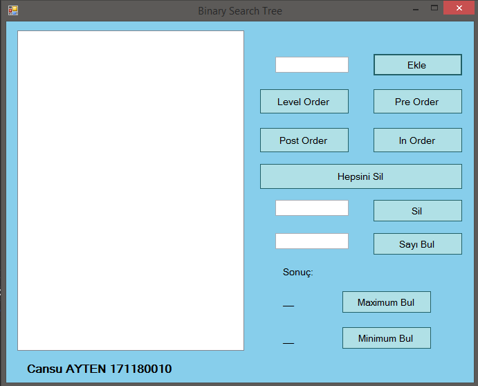 GitHub - cansuayten/Binary-Search-Tree: insertion, deletion, find min-max-any number, traverse ...