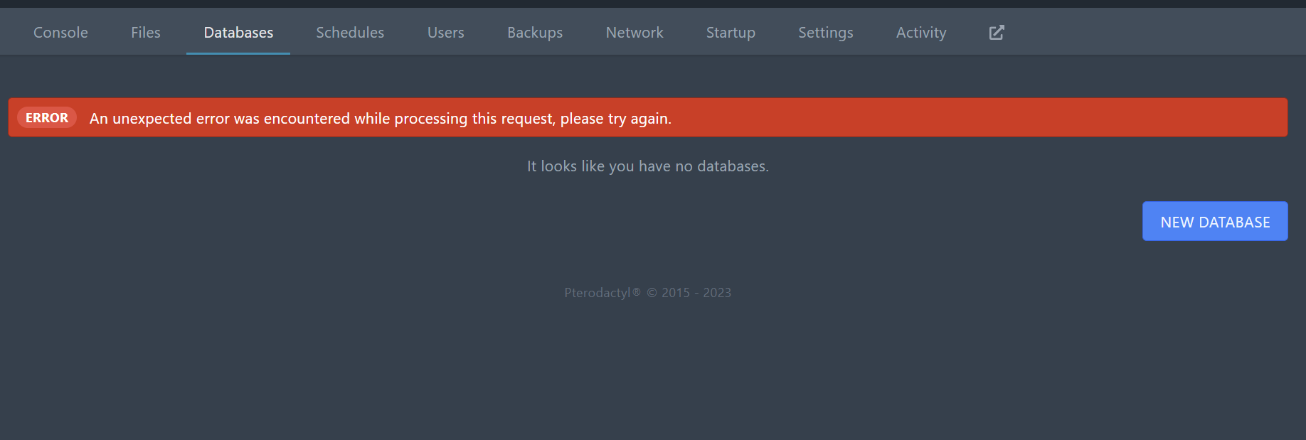 Error when opening "databases" tab on a server page · Issue #4898 · pterodactyl/panel · GitHub