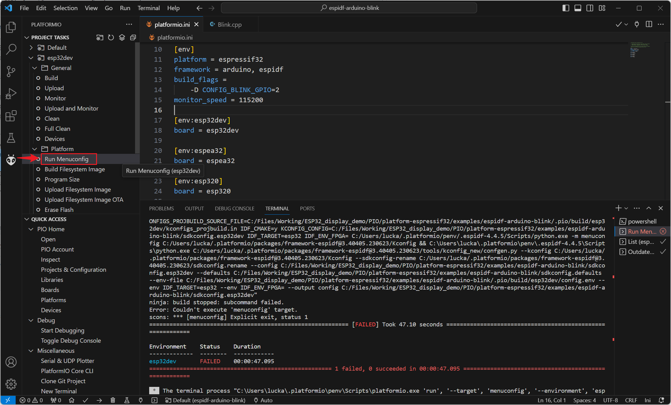 [BUG]PlatformIO run menuconfig dosen't work · Issue #1213 · platformio/platform-espressif32 · GitHub
