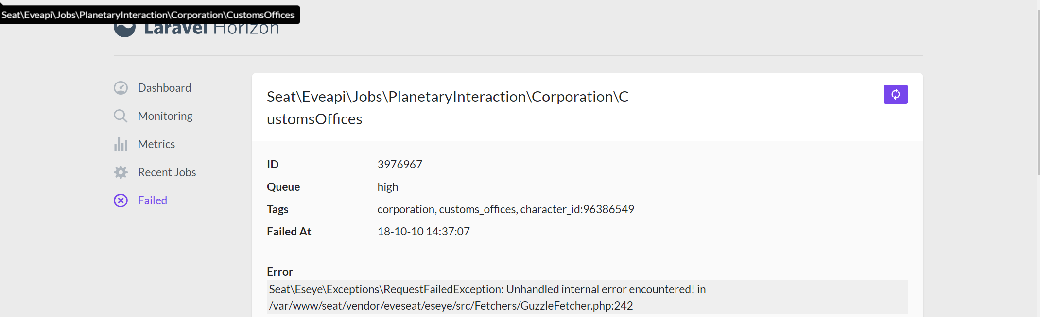 Unhandled internal error encountered! in /var/www/seat/vendor/eveseat/eseye/src/Fetchers ...