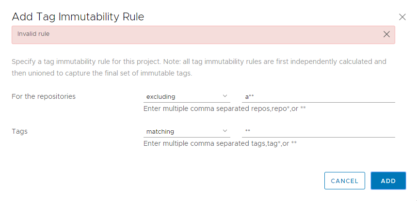 "excluding x**" rule was not allowed in both Immutability rule and tag retention rule edition ...