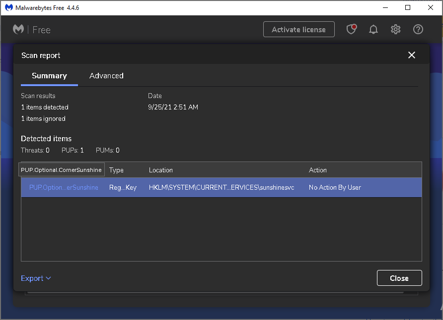 Malwarebytes detected sunshinesvc registry key entry as PUP · Issue ...