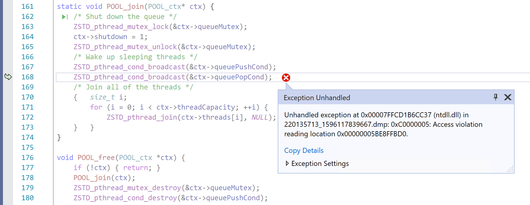[Non-repro][Windows 10]:Crash in ZSTD_pthread_cond_broadcast/WakeAllConditionVariable on freeing ...