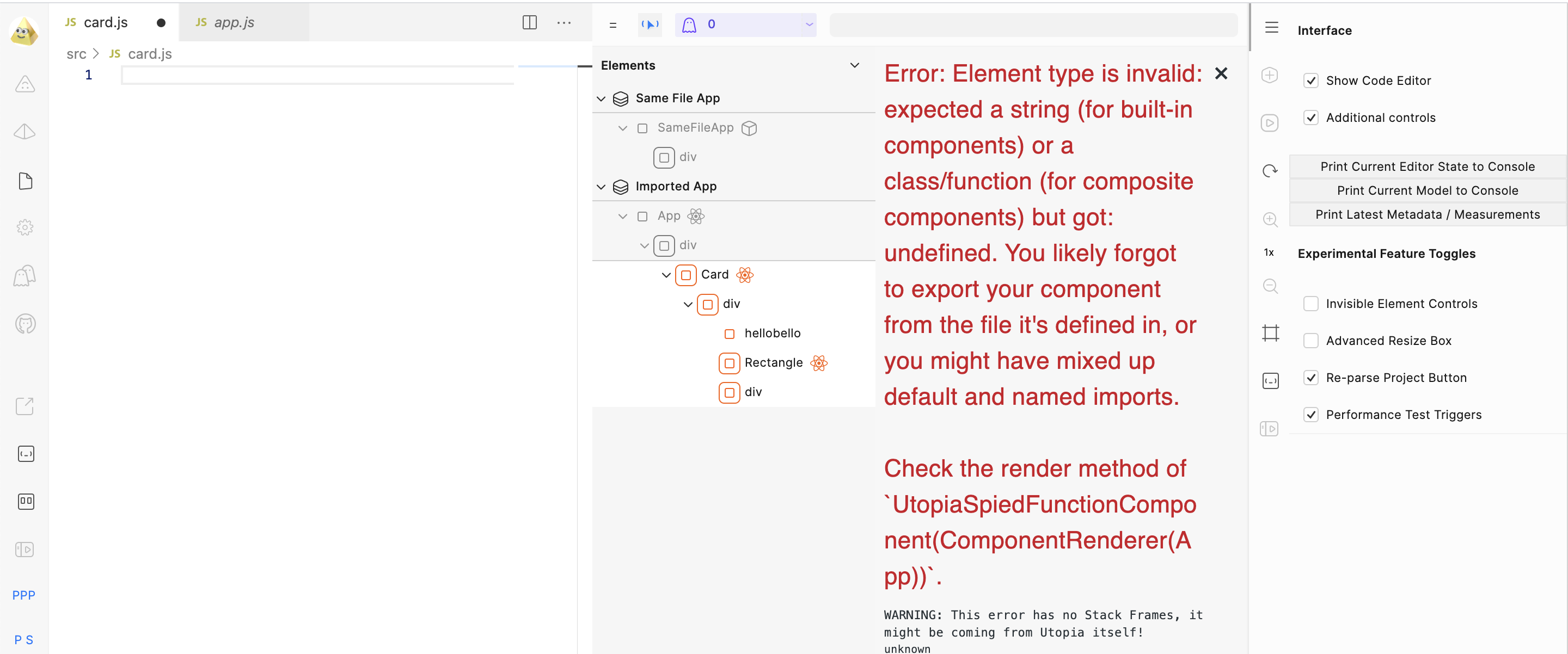 Deleting contents of `card.js` in the test project doesn't give canvas ...
