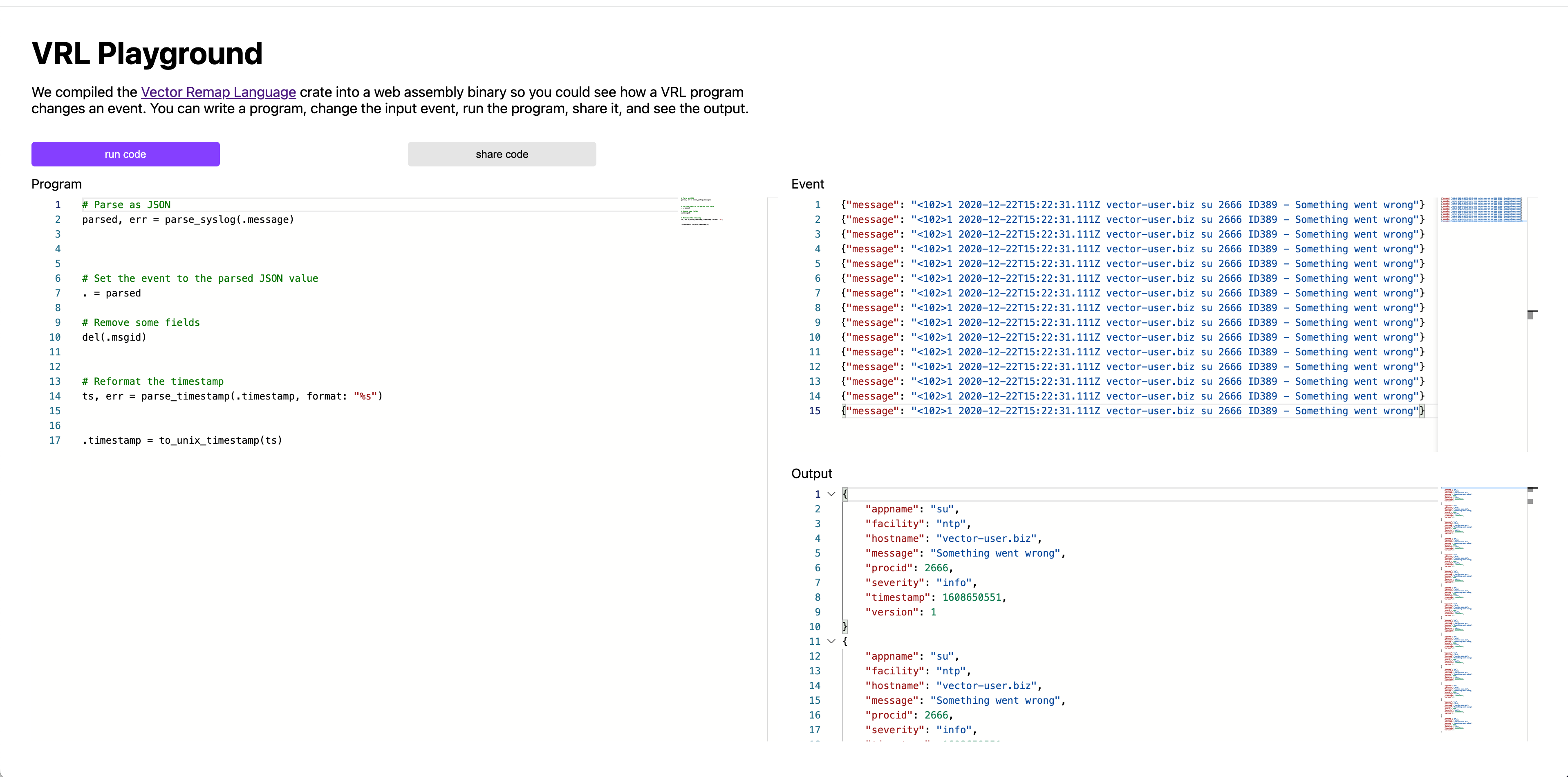 feat(vrl): Polish web playground by jonathanpv · Pull Request #15204 · vectordotdev/vector · GitHub