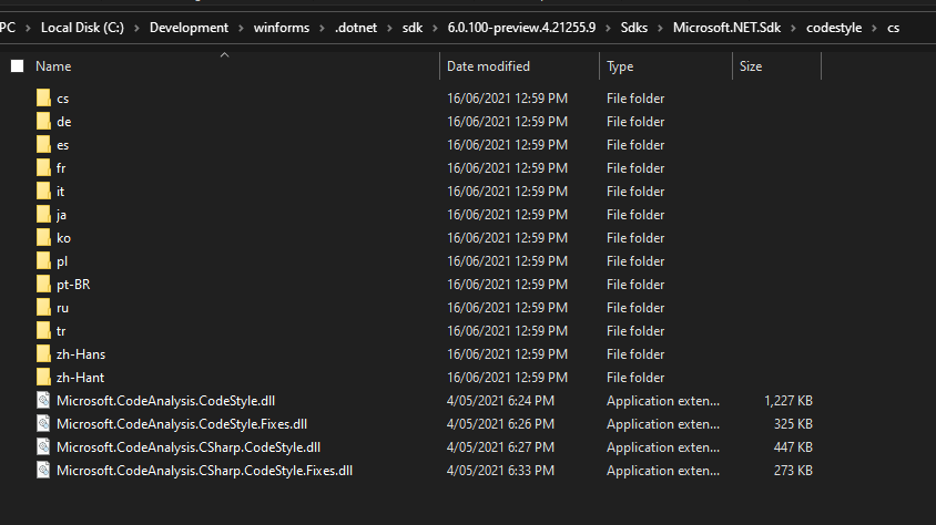 Microsoft.CodeAnalysis is missing from 6.0.100-preview.4.21255.9\Sdks\Microsoft.NET.Sdk ...