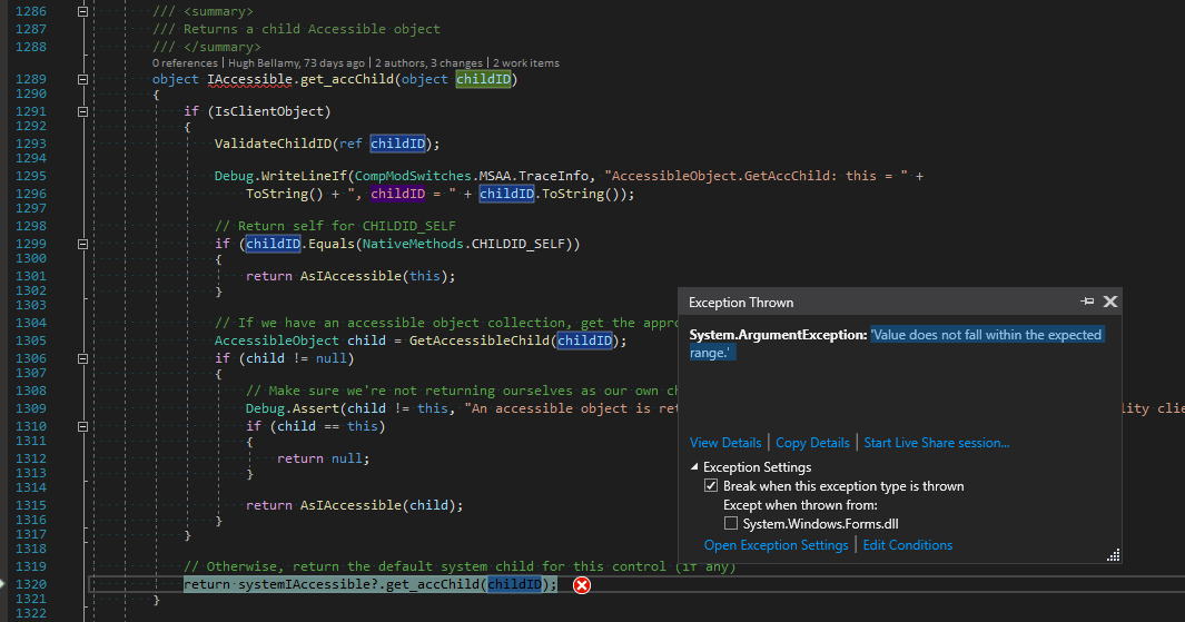 `accessibleobject` Throws Value Does Not Fall Within The Expected Range Creating