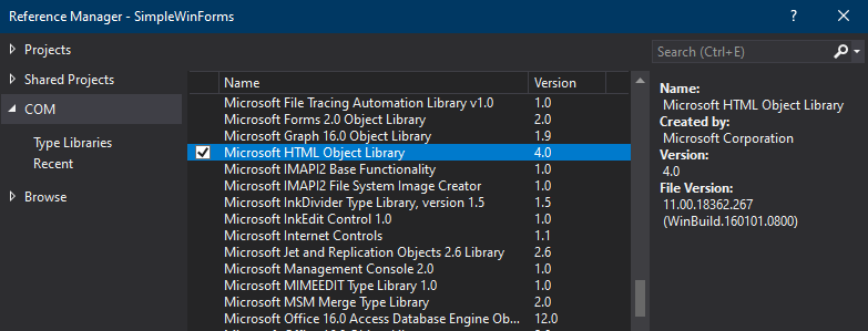 Referencing mshtml.dll in a .NET Core 3 WinForms project · Issue #1559 · dotnet/winforms · GitHub
