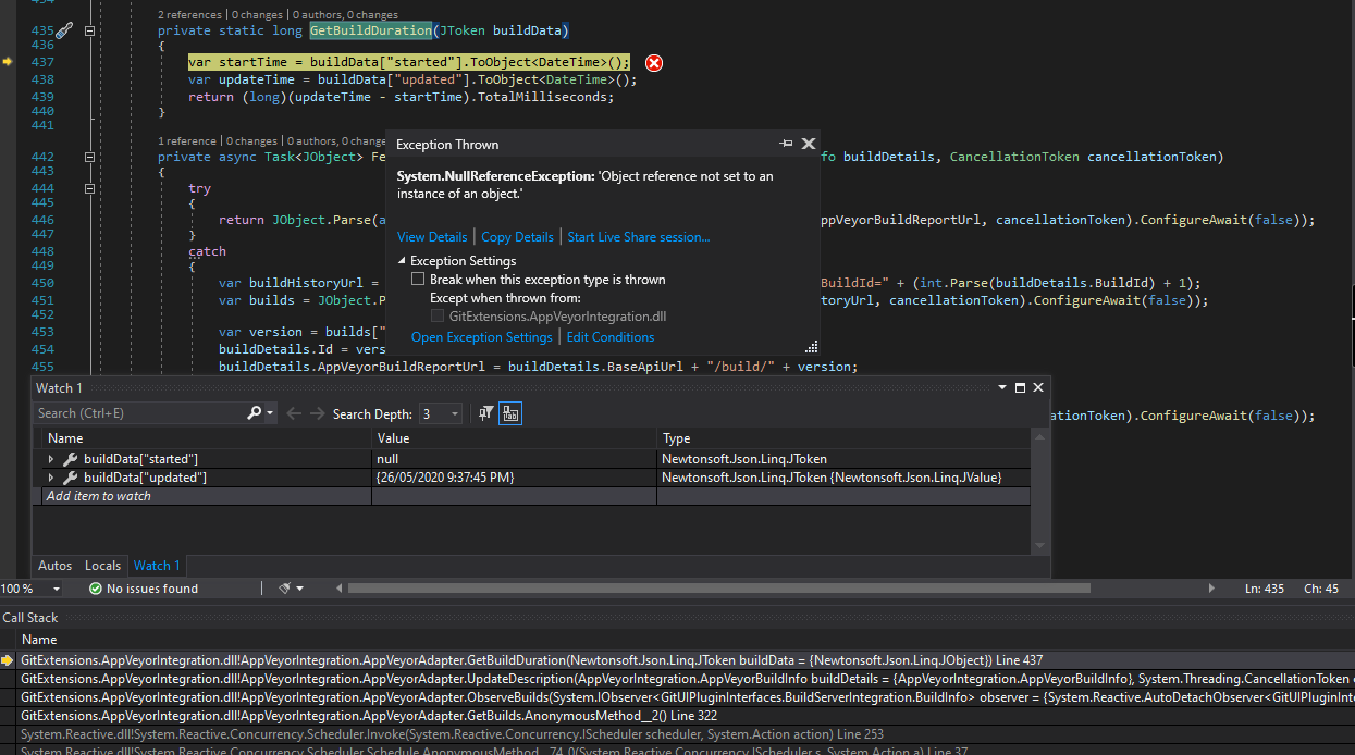 AppVeyor GetBuildDuration fails with NRE · Issue #8150 · gitextensions/gitextensions · GitHub