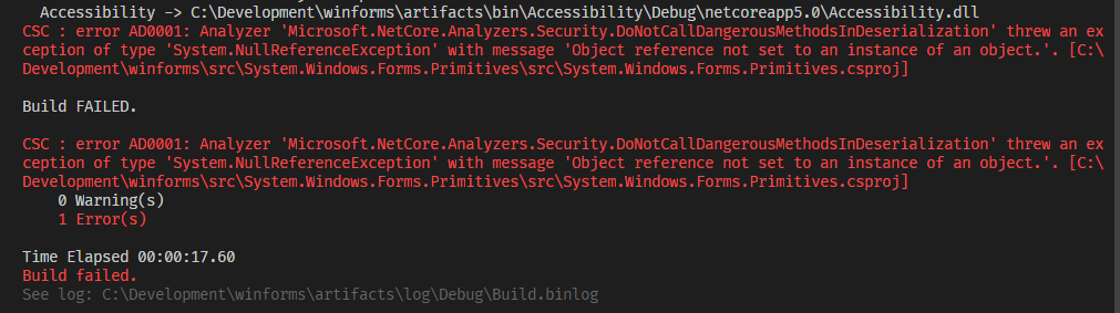 Error Ad0001 Microsoftcore Analyzers Security Donotcalldangerousmethodsindeserialization
