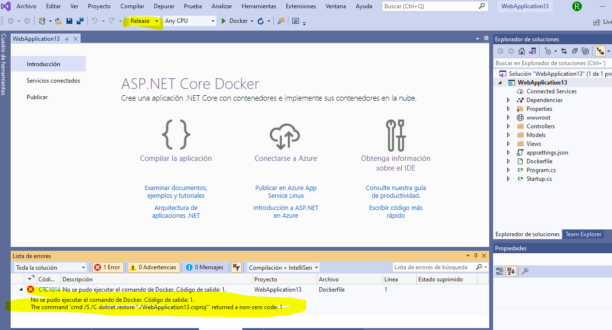 The command 'cmd /S /C dotnet restore "DockerAppPrueba/DockerAppPrueba.csproj"' returned a non ...