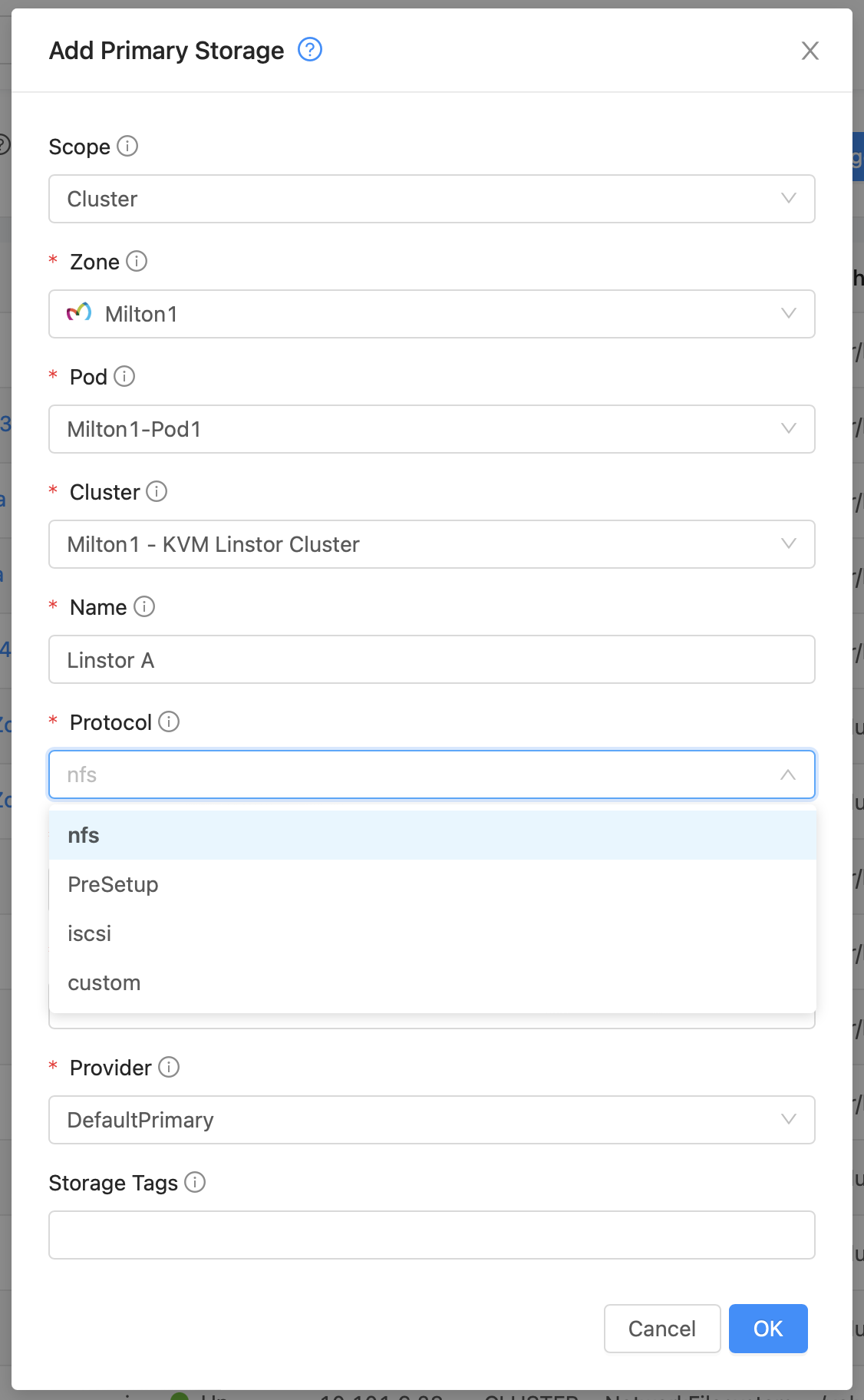 Linstor option (Protocol) not available on KVM cluster during cluster-wide primary storage ...