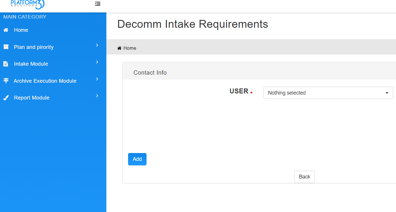 Decomm Intake Module-Contact info screen-While loading the page,in bottomBy default "add button ...
